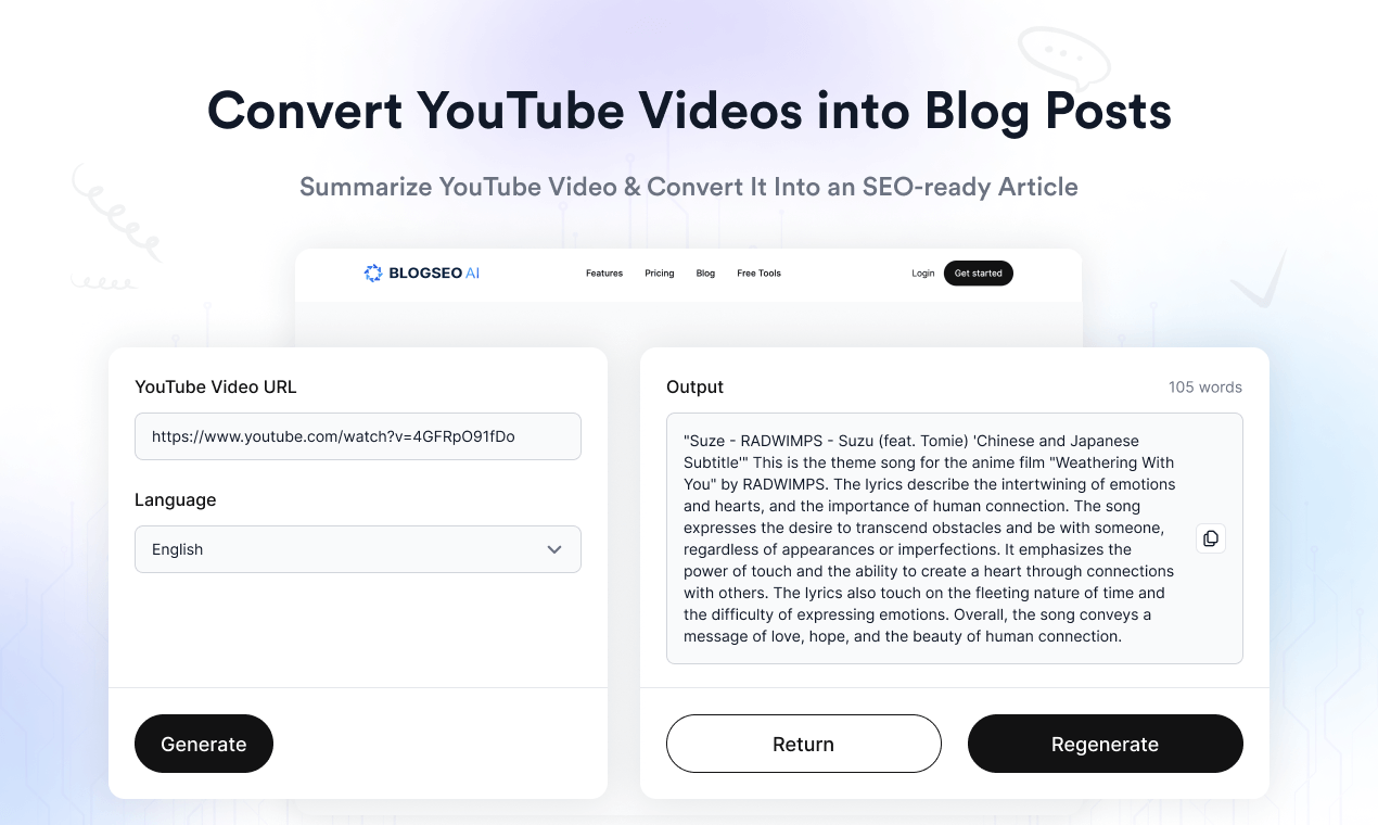 Turn YouTube Videos Into Blogs Using AI | BlogSEO AI