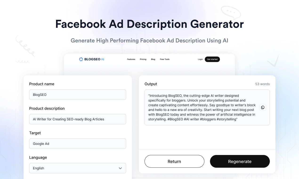 Facebook Ad Description Generator Powered by AI | BlogSEO AI