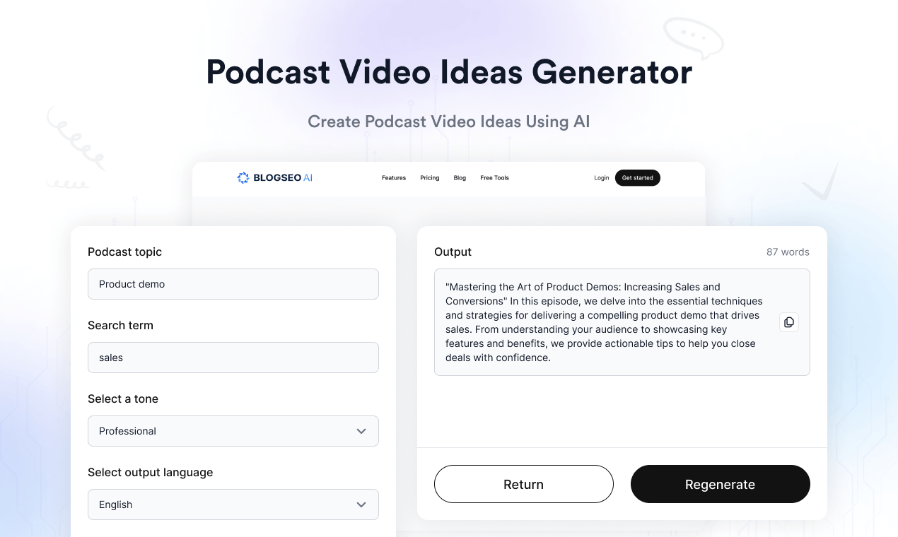Podcast Video Ideas Generator Powered by AI | BlogSEO AI